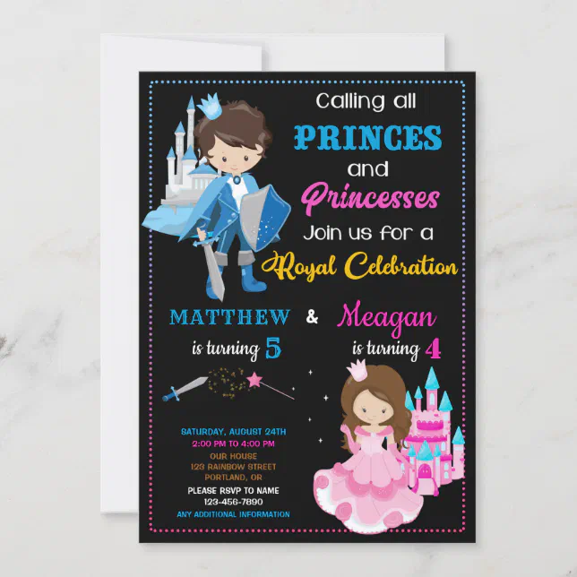 Prince and Princess birthday invitation Dual party | Zazzle