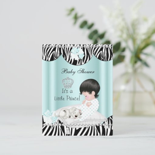 Prince Baby Shower Boy Mint Teal Blue Zebra Invitation | Zazzle