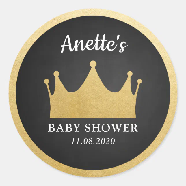 Prince Crown | Baby Shower Gold Foil | Chalkboard Classic Round Sticker ...