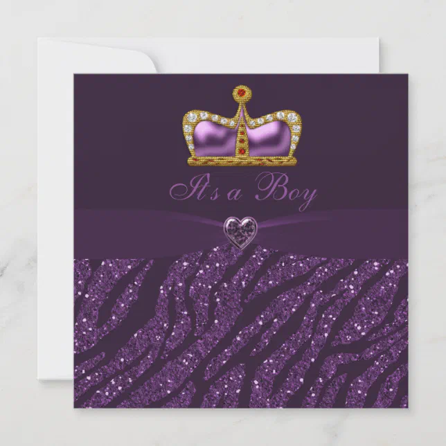 Prince Crown, Heart & Zebra Glitter Baby Shower Invitation | Zazzle