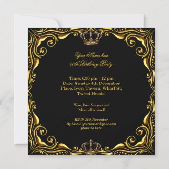Prince King Gold Royal Black Crown Birthday Invitation | Zazzle