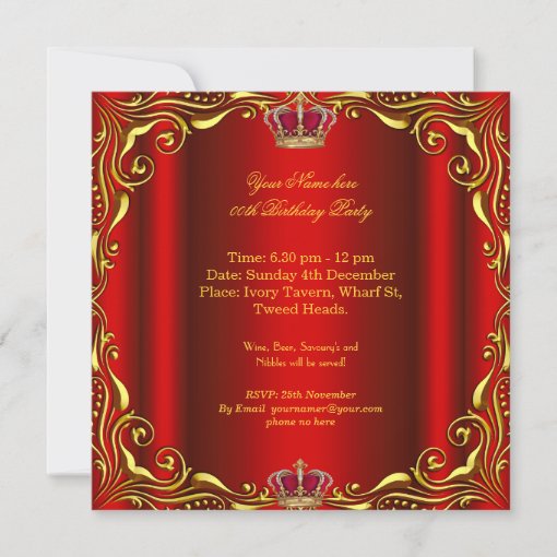 Prince King Red Gold Crown Birthday Party Invitation | Zazzle