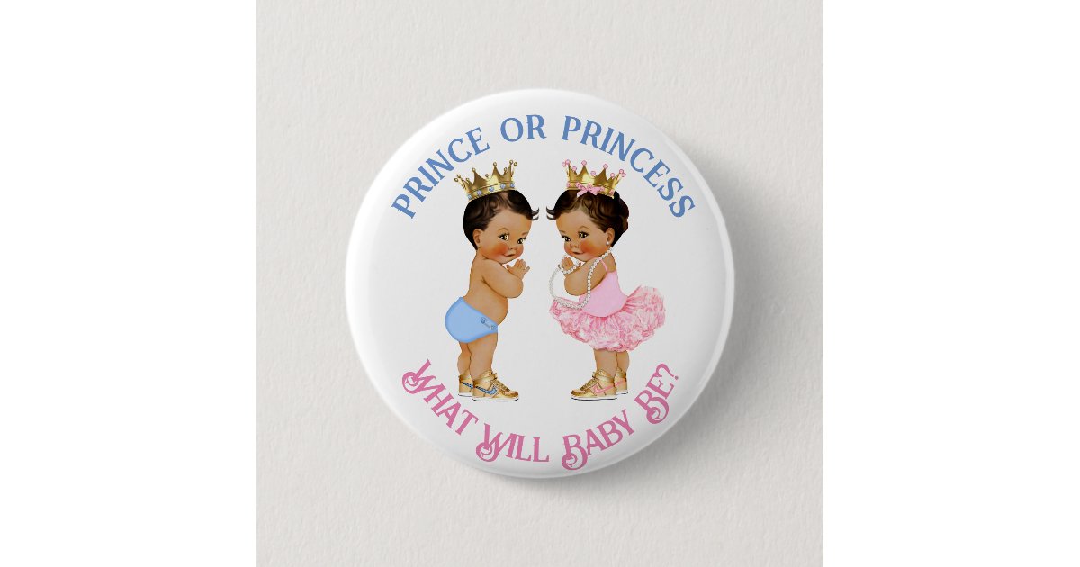 Prince or Princess Gender Reveal Pink Blue Gold Button | Zazzle
