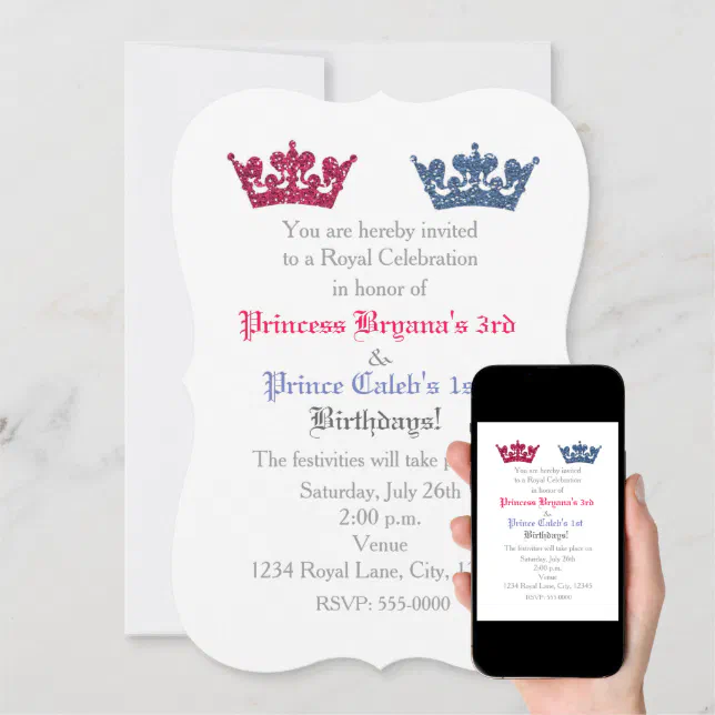 Prince & Princess Crowns Twins Party Invitation | Zazzle