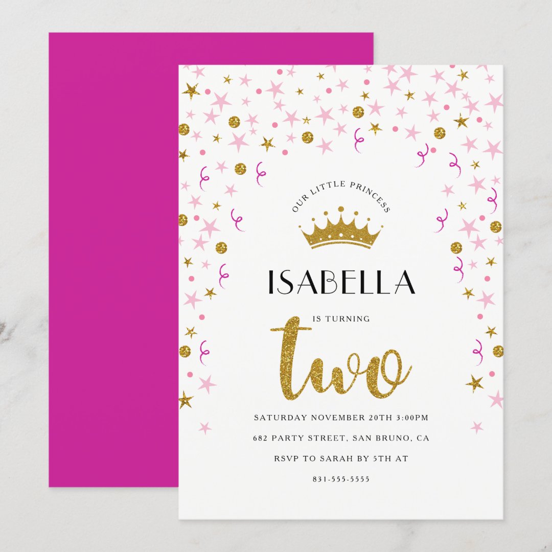 Princess 2nd Birthday | Gold & Pink Confetti Invitation | Zazzle