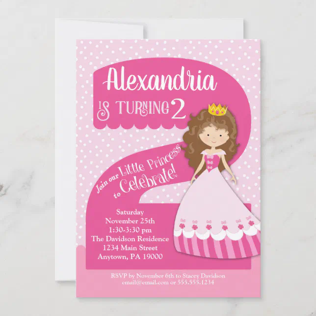 Princess 2nd Birthday Invitation Brunette Girl | Zazzle