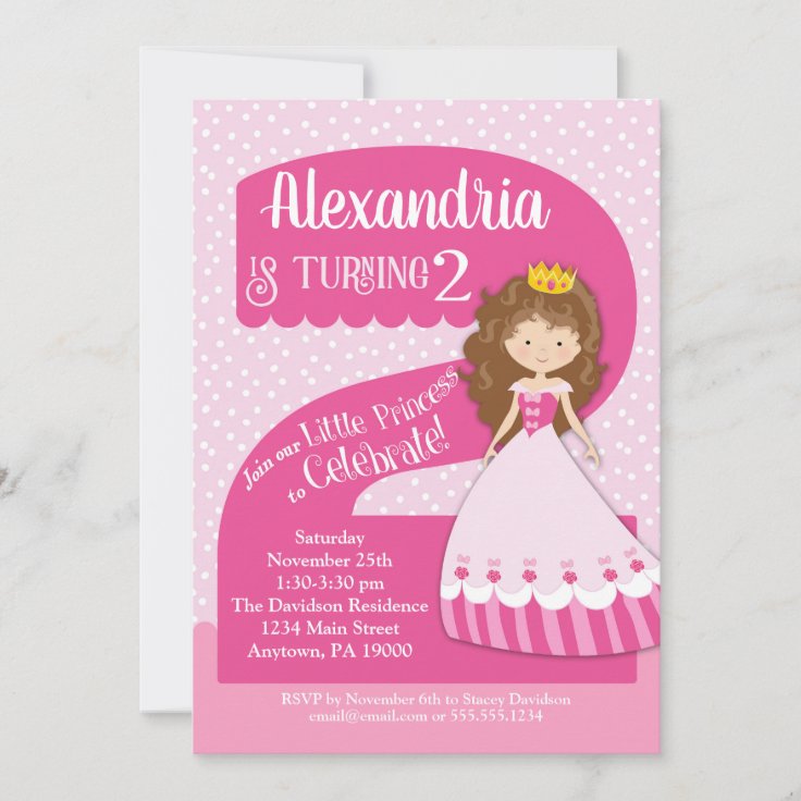 Princess 2nd Birthday Invitation Brunette Girl | Zazzle