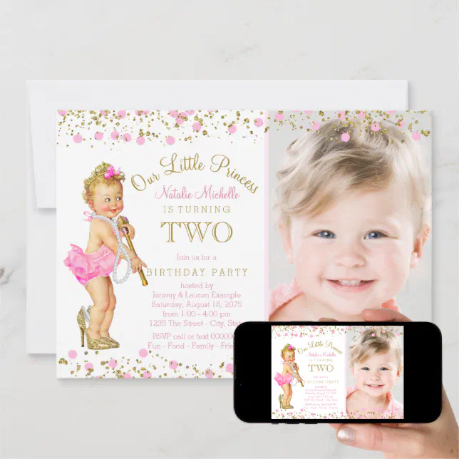 Princess 2nd Birthday Pink Gold Photo Invitation | Zazzle