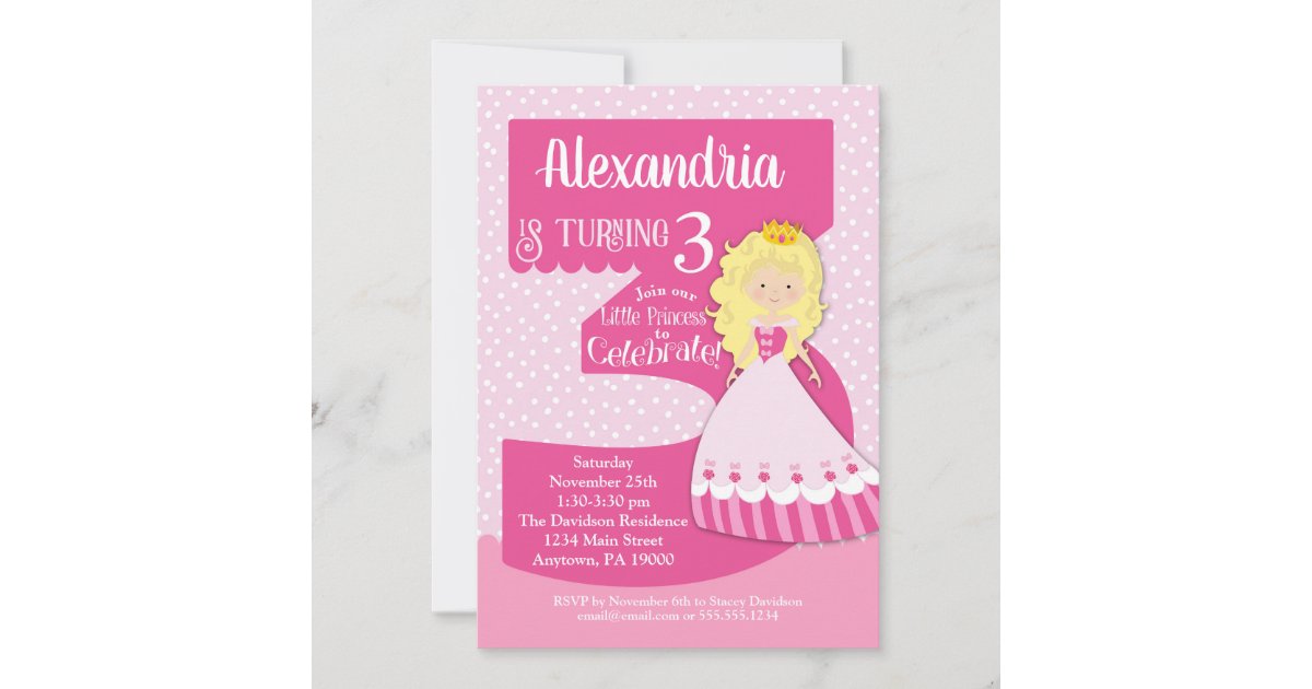 Princess 3rd Birthday Invitation Blonde Girl | Zazzle