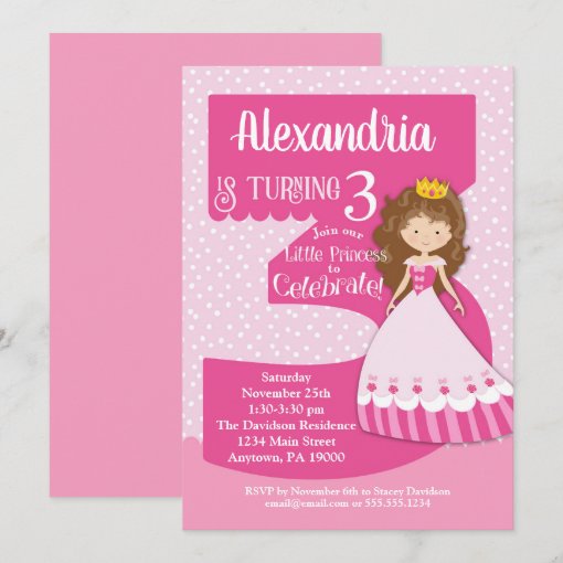 Princess 3rd Birthday Invitation Brunette Girl | Zazzle