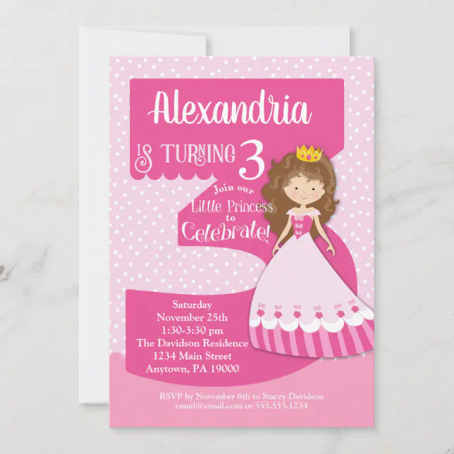 Princess 3rd Birthday Invitation Brunette Girl | Zazzle