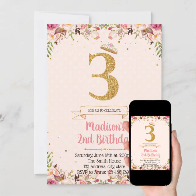 Princess 3rd birthday party invitation card | Zazzle