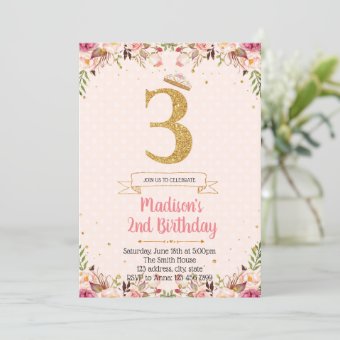 Princess 3rd birthday party invitation card | Zazzle