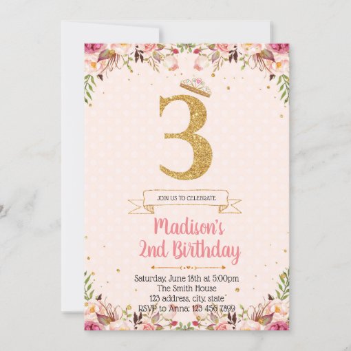 Princess 3rd birthday party invitation card | Zazzle