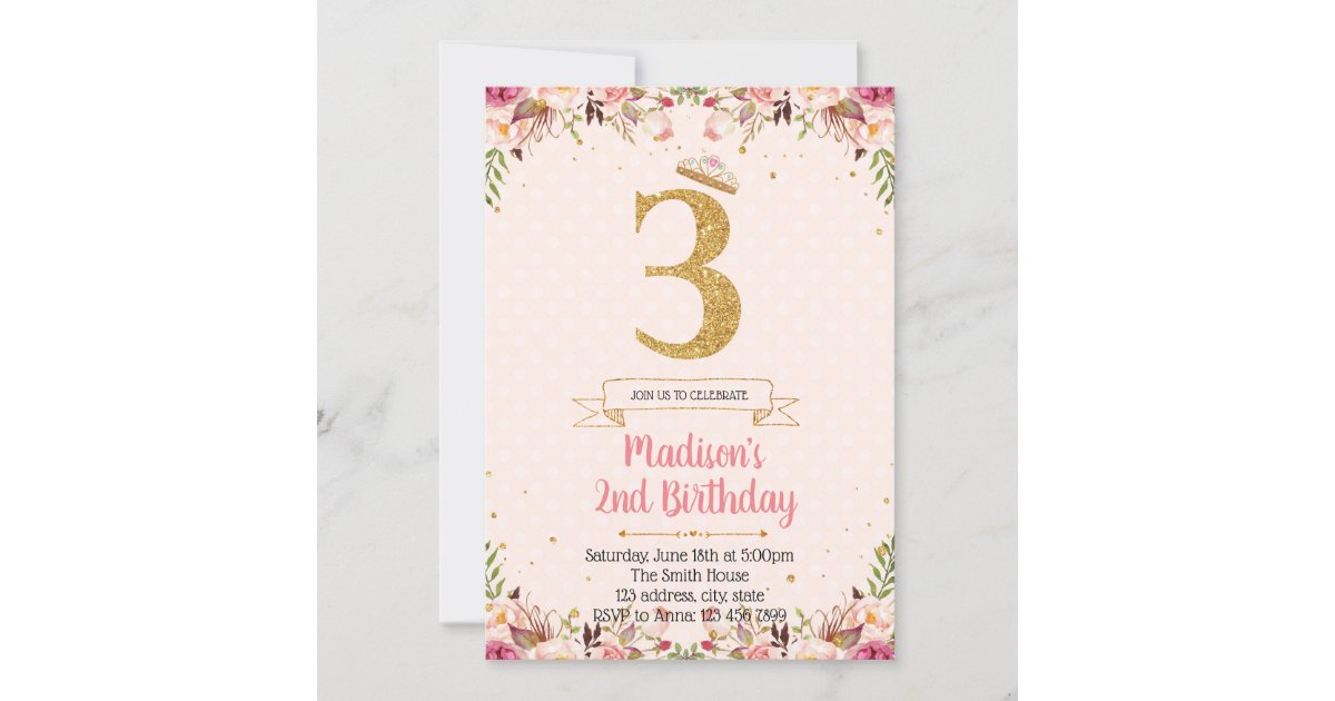 Princess 3rd birthday party invitation card | Zazzle