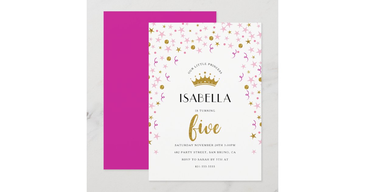 Princess 5th Birthday | Gold & Pink Confetti Invitation | Zazzle