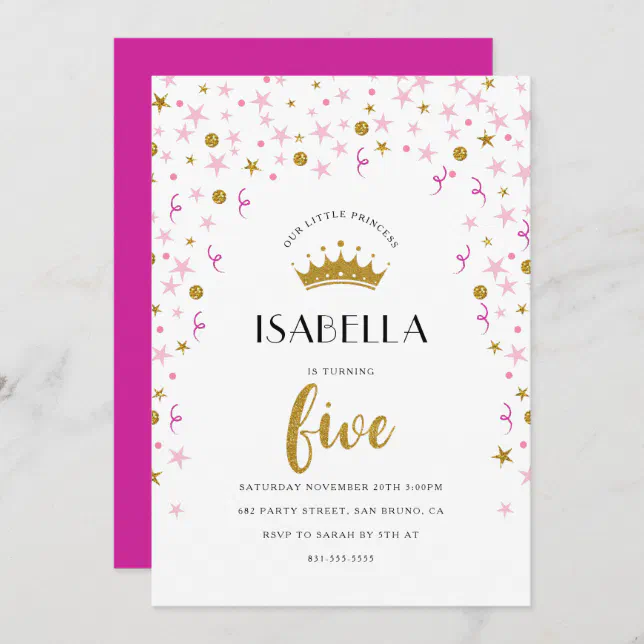Princess 5th Birthday | Gold & Pink Confetti Invitation | Zazzle