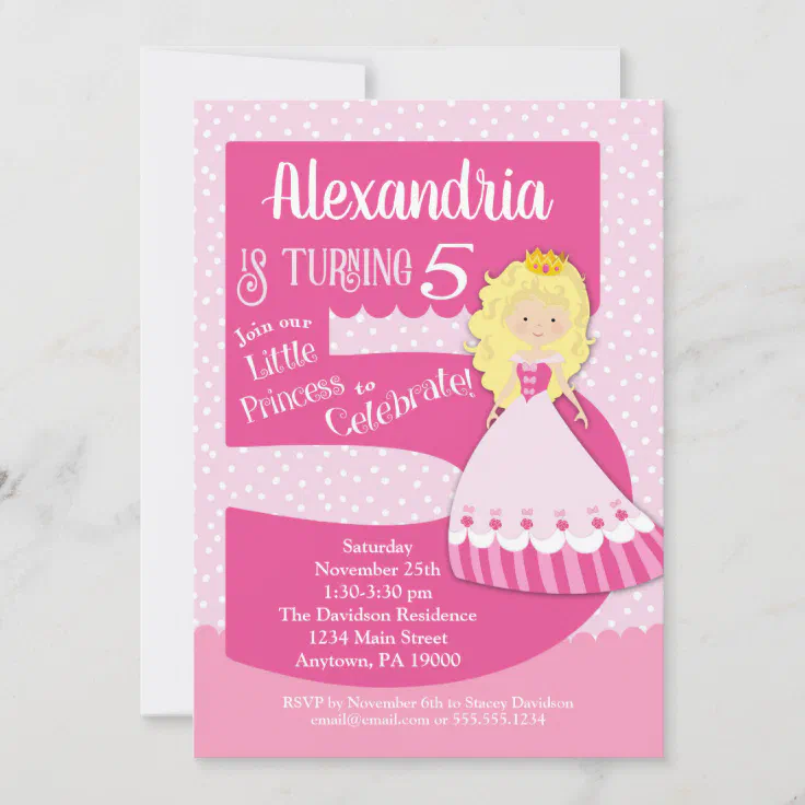 Princess 5th Birthday Invitation Blonde Girl | Zazzle