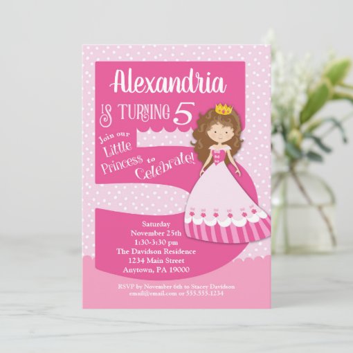 Princess 5th Birthday Invitation Brunette Girl | Zazzle