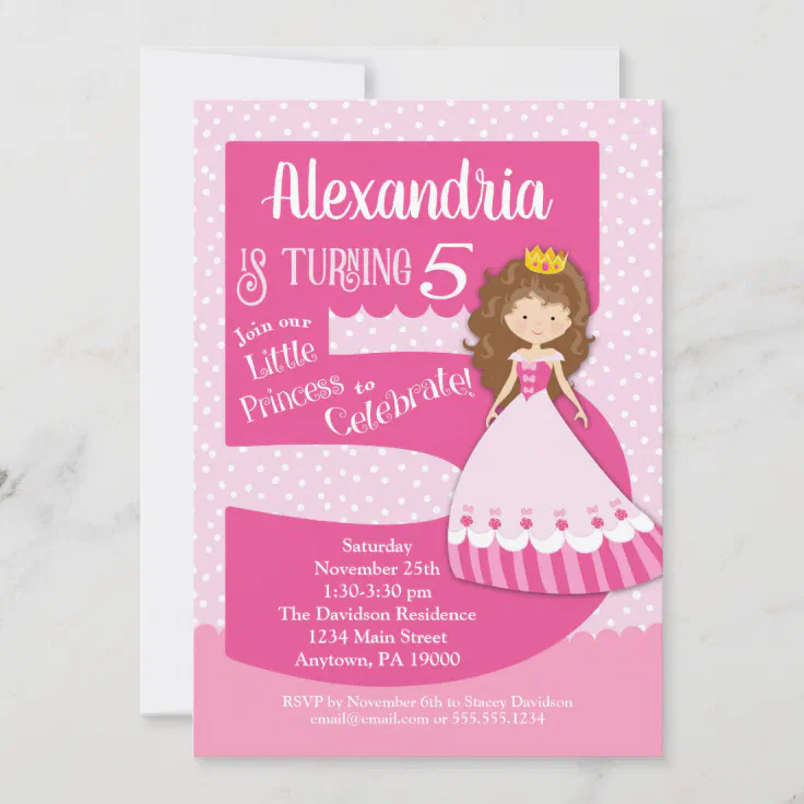 Princess 5th Birthday Invitation Brunette Girl | Zazzle