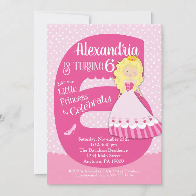 Princess 6th Birthday Invitation Blonde Girl | Zazzle