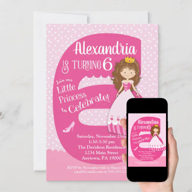 Princess 6th Birthday Invitation Brunette Girl | Zazzle