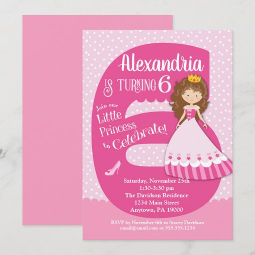 Princess 6th Birthday Invitation Brunette Girl | Zazzle