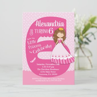 Princess 6th Birthday Invitation Brunette Girl | Zazzle