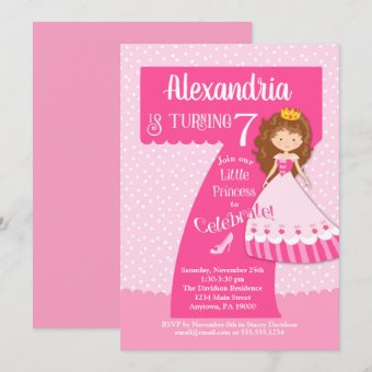 Princess 7th Birthday Invitation Brunette Girl | Zazzle