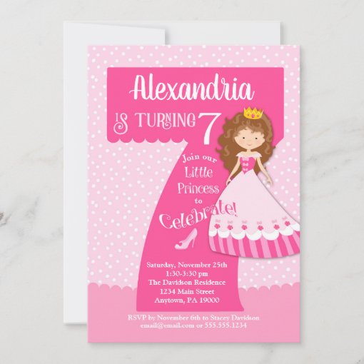 Princess 7th Birthday Invitation Brunette Girl | Zazzle