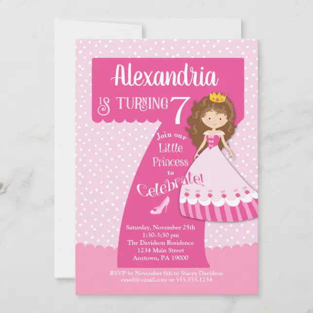 Princess 7th Birthday Invitation Brunette Girl | Zazzle