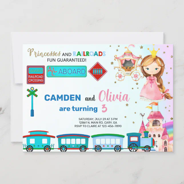 Princess and trains siblings birthday invitation. invitation | Zazzle
