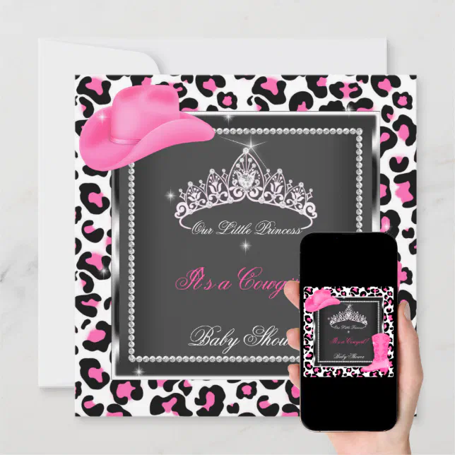 Princess Baby Shower Girl Pink Cowgirl Tiara Cow Invitation | Zazzle