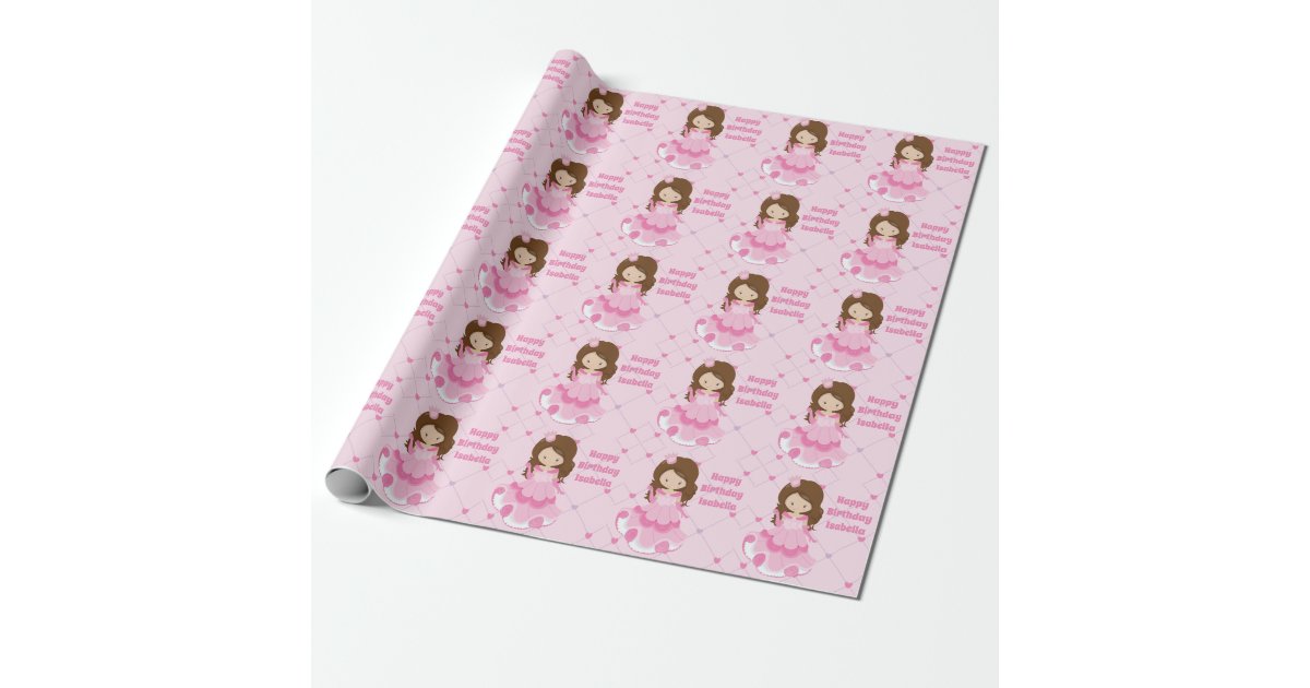Princess Birthday Cute Pink Personalized Girls Wrapping Paper | Zazzle