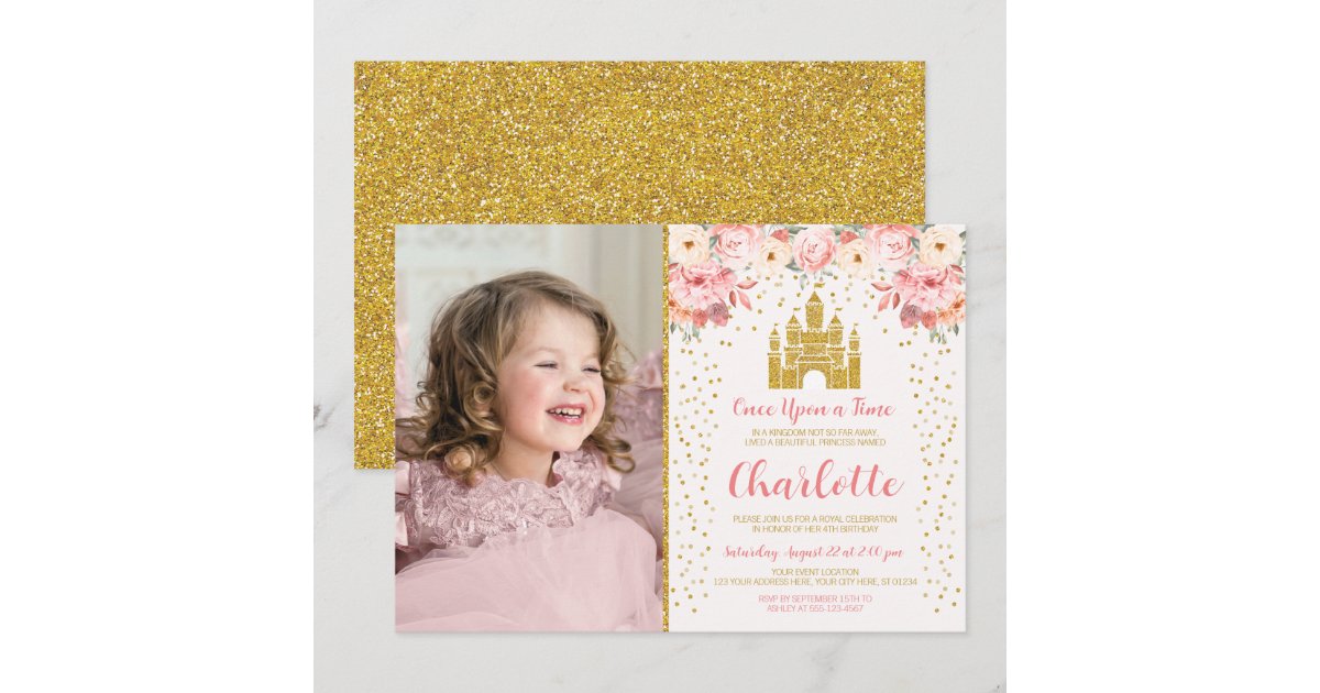 Princess Birthday Invitation Floral Castle | Zazzle