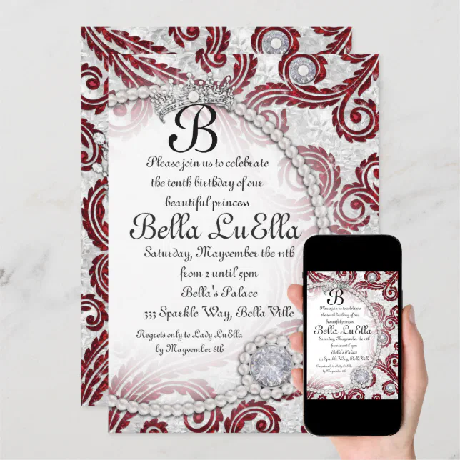 Princess Bling Diamond Pearls Party Invitations | Zazzle