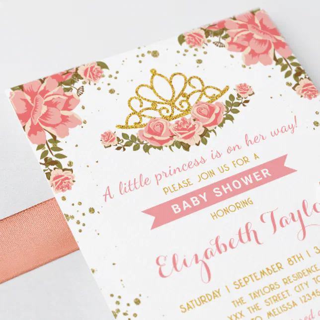Princess Blush Floral Gold Crown Baby Shower Invitation | Zazzle