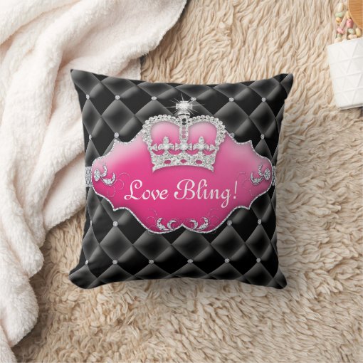 Princess Crown Pillow Tufted Satin Diamonds Black | Zazzle