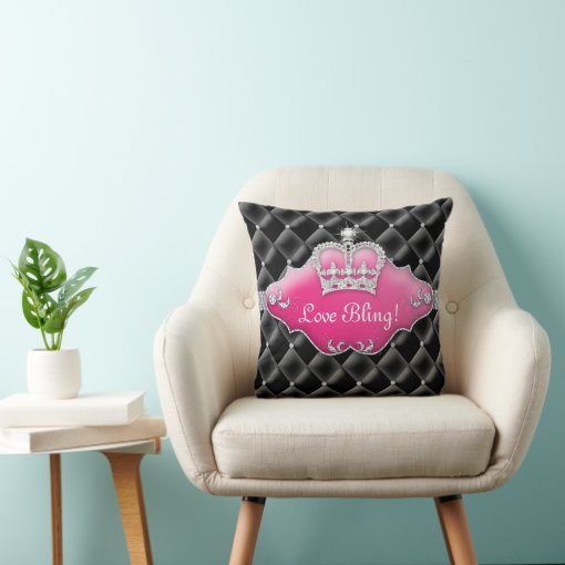 Princess Crown Pillow Tufted Satin Diamonds Black | Zazzle