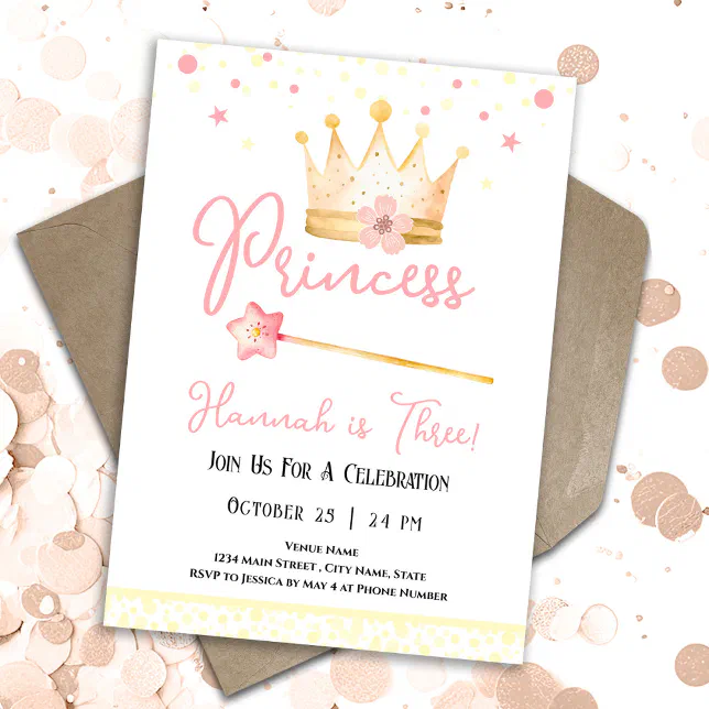 Princess Crown Pink 3rd Girl Birthday Invitation | Zazzle