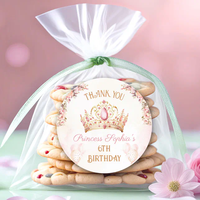 Princess Crown Pink Floral Girl Birthday Favor Classic Round Sticker ...