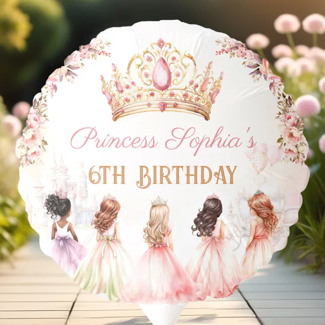 Princess Crown Pink Gold Floral Girl Birthday Balloon | Zazzle