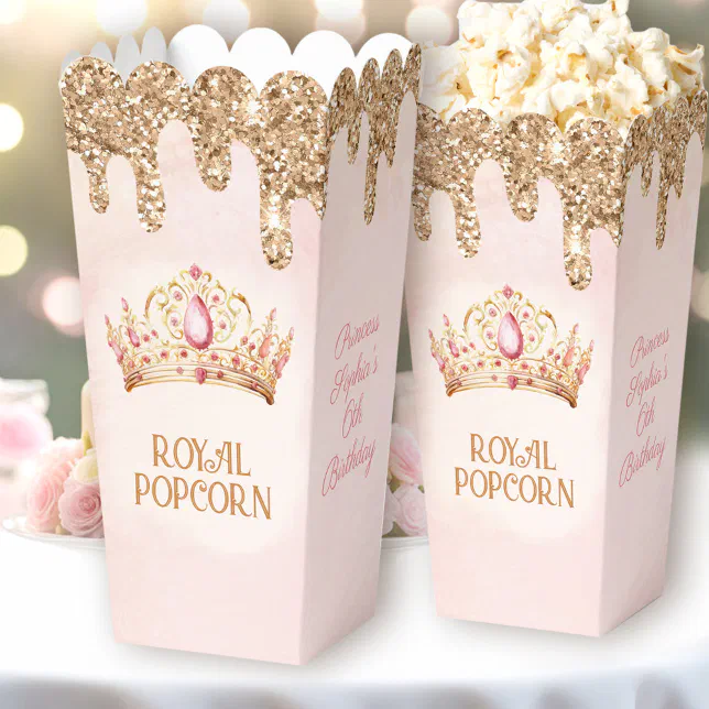 Princess Crown Pink Gold Glitter Birthday Popcorn Favor Boxes | Zazzle