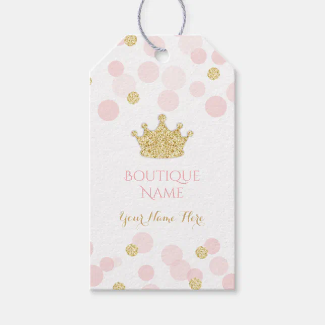 Princess Crown Pink Gold Glitter Confetti Dots Gift Tags | Zazzle