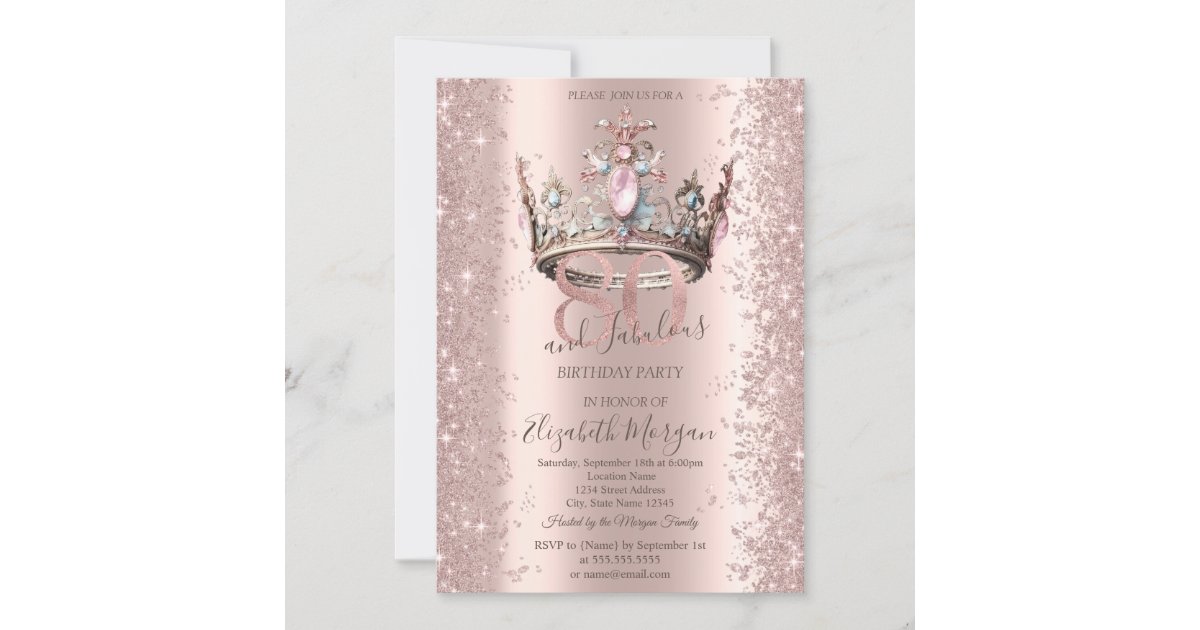 Princess Crown Rose Gold Sparkle Diamonds 80th Invitation | Zazzle