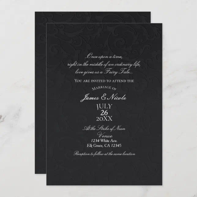 Princess Damask Black Elegant Storybook Wedding Invitation | Zazzle