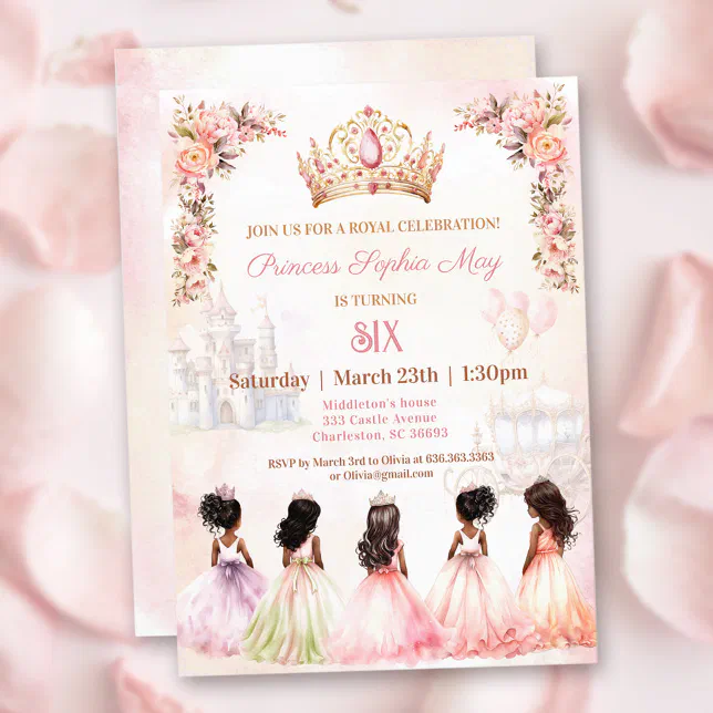 Princess Dark Skin Crown Pink Floral Birthday Invitation | Zazzle