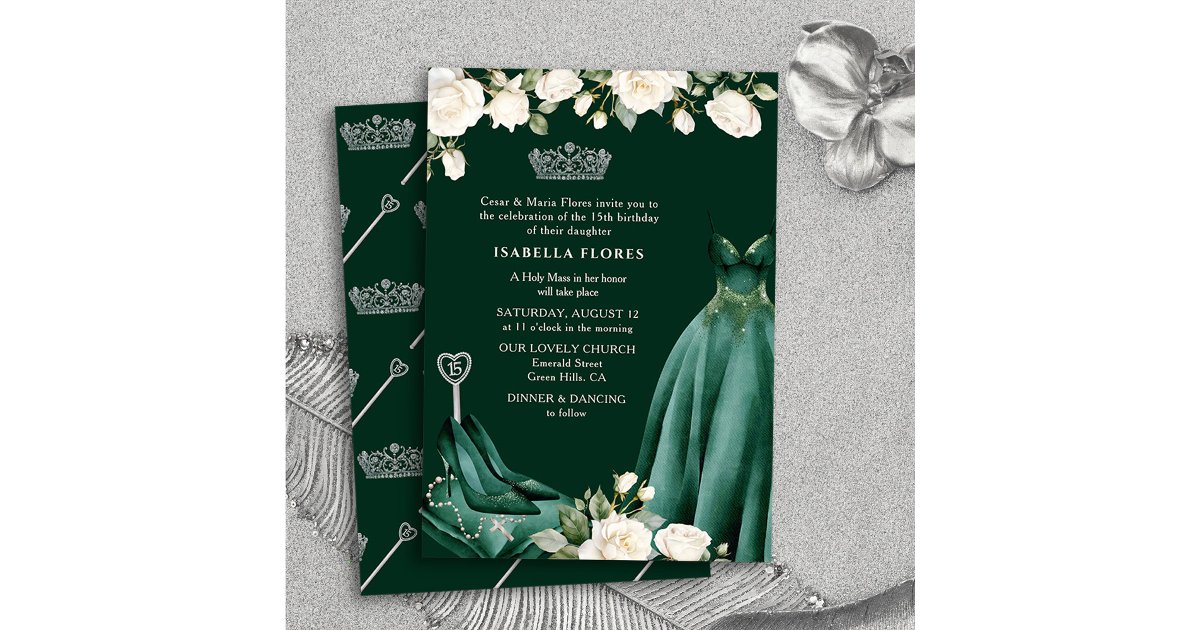 Princess Dress and Roses Green Quinceanera Mass Invitation | Zazzle