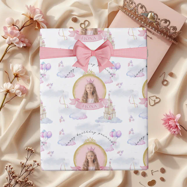 Princess Fairytale Cute Pink Girl's Photo Birthday Wrapping Paper | Zazzle