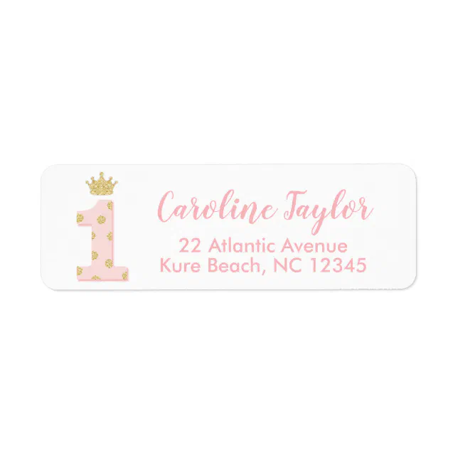 Princess First Birthday Pink Gold Glitter Address Label | Zazzle